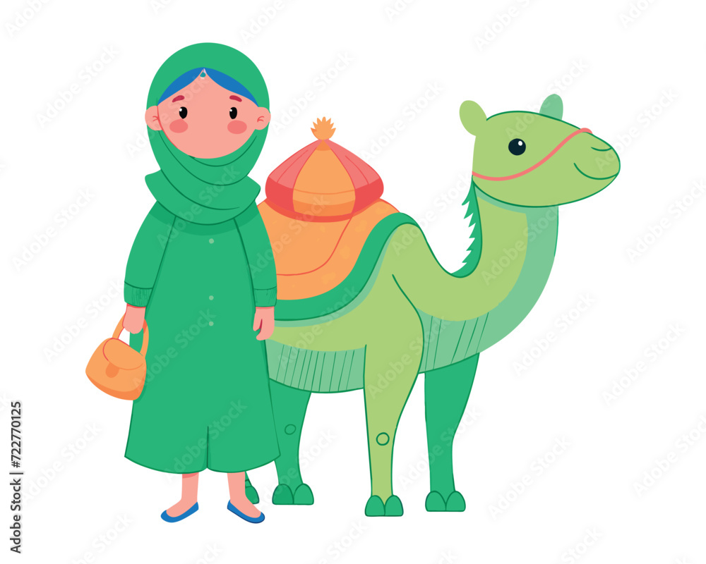 muslim girl teen walking with camel in desert cartoon vector. smiling ...