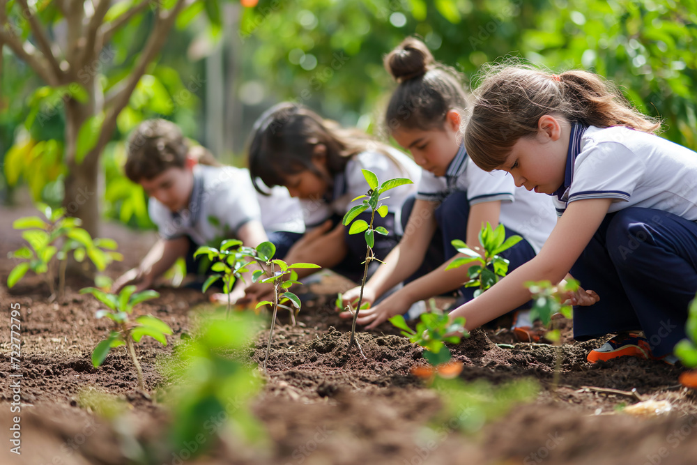 Group of student planting a tree together in the school garden ...