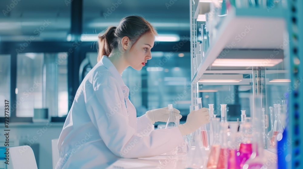 Stock photos of female scientists in the research lab, in light cyan ...