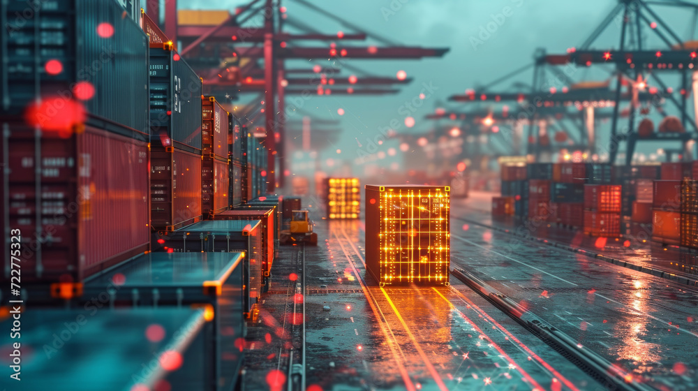 Rainy Port with Digital Container Tracking. Rain-drenched shipping ...