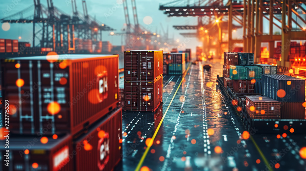 Container Port With Digital Interface At Twilight Container Port Operations At Twilight With A