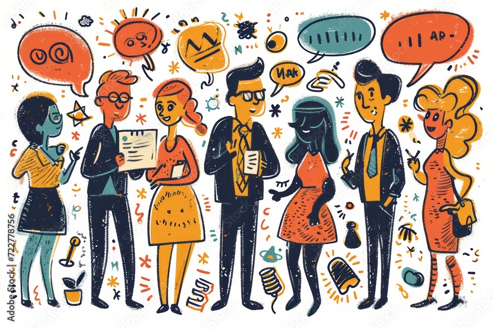 Cartoon cute doodles of business meetings and collaboration scenes ...