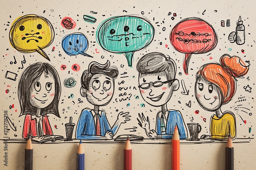 Cartoon cute doodles of business meetings and collaboration scenes ...
