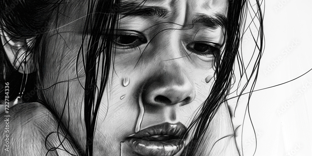 pencil drawing with close-up of tear-streaked face of a young Asian ...