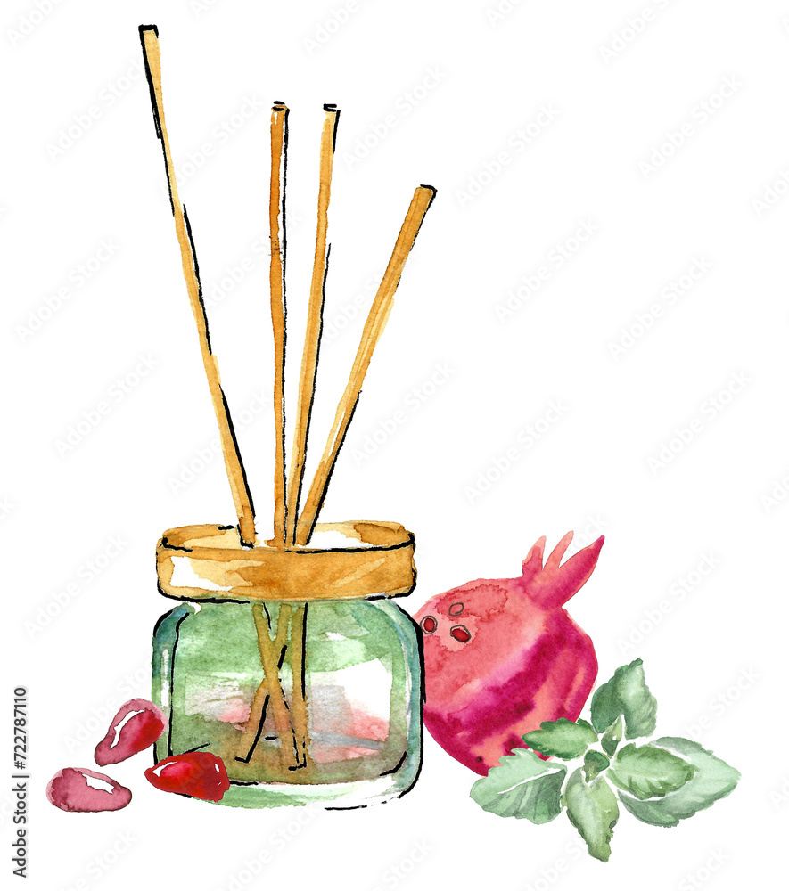 Aroma diffuser for home. Transparent bottle of green essential organic ...