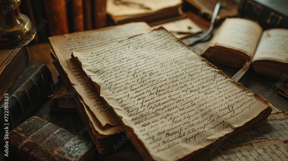 An open historic manuscript with elegant handwriting lies atop a desk ...