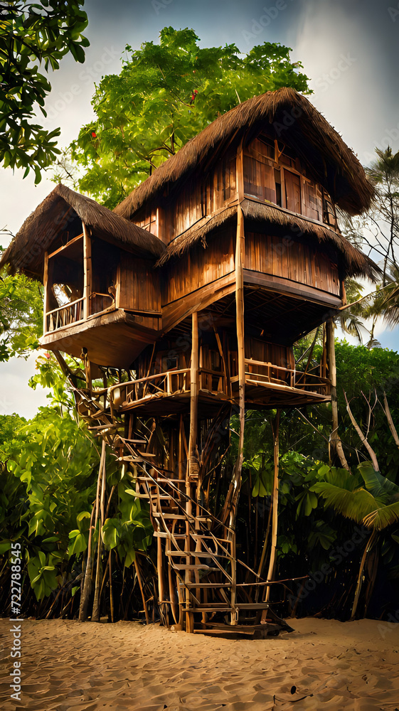 a tree house sitting on top of a sandy beach, pine treehouse, beachwood ...