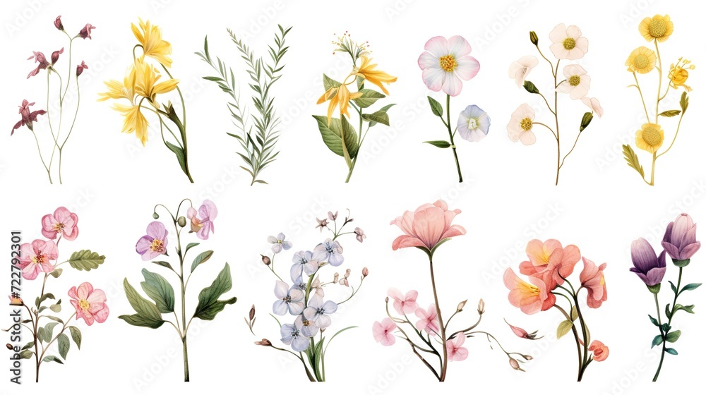 Collection of floral elements with spring flowers with tree branches as ...