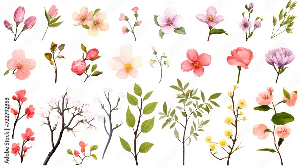 Collection of floral elements with spring flowers with tree branches as ...