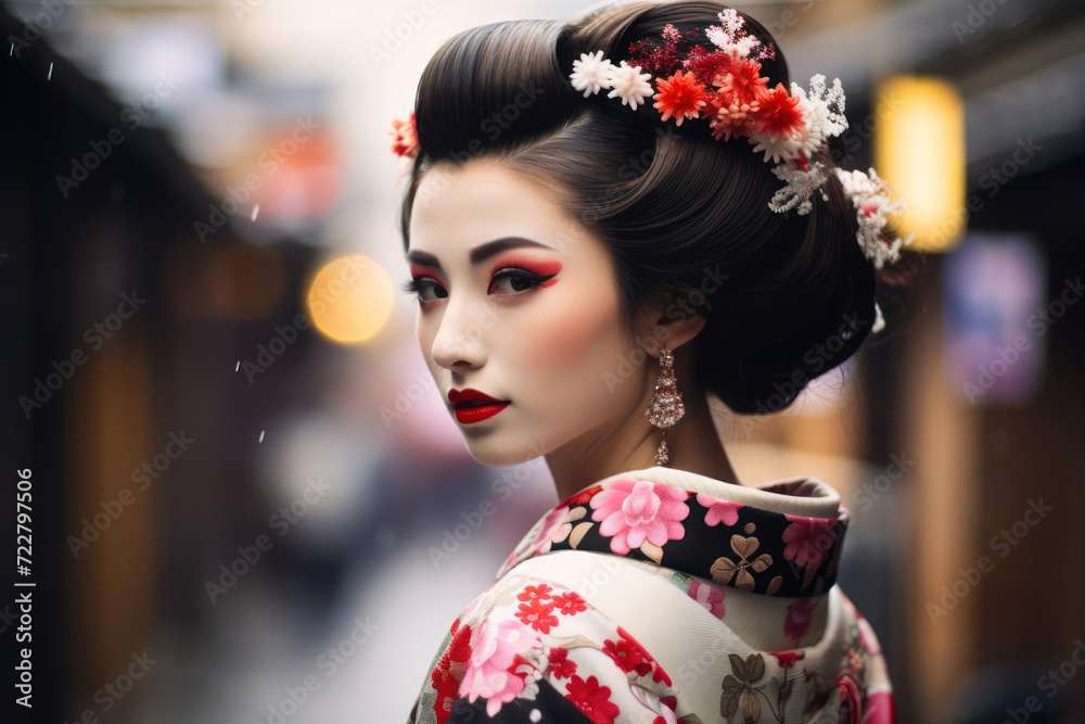 Geisha in traditional kimonos, her face adorned with characteristic ...