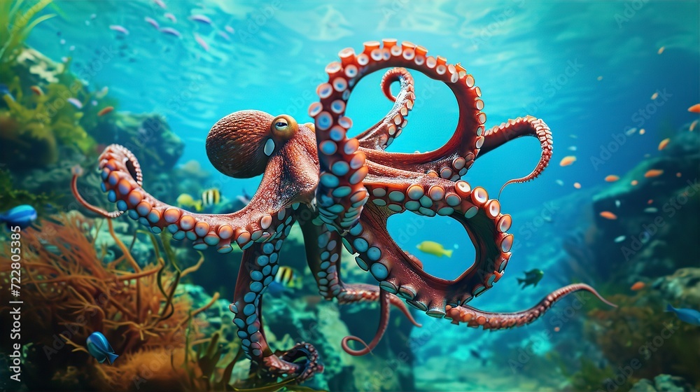 octopus, swimming, underwater, ocean, colored, coral reefs, marine life ...