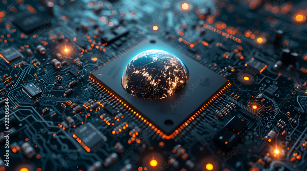 closeup of an advanced GPU ram microchip or cpu of a powerful computer board for artificial ...