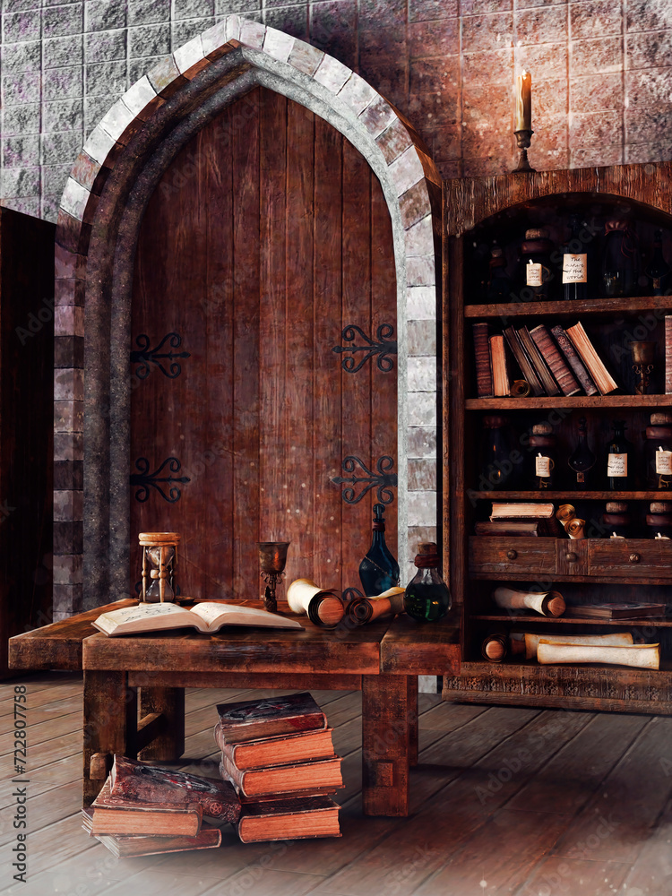 Fantasy scene showing a medieval study room with ornamented door ...