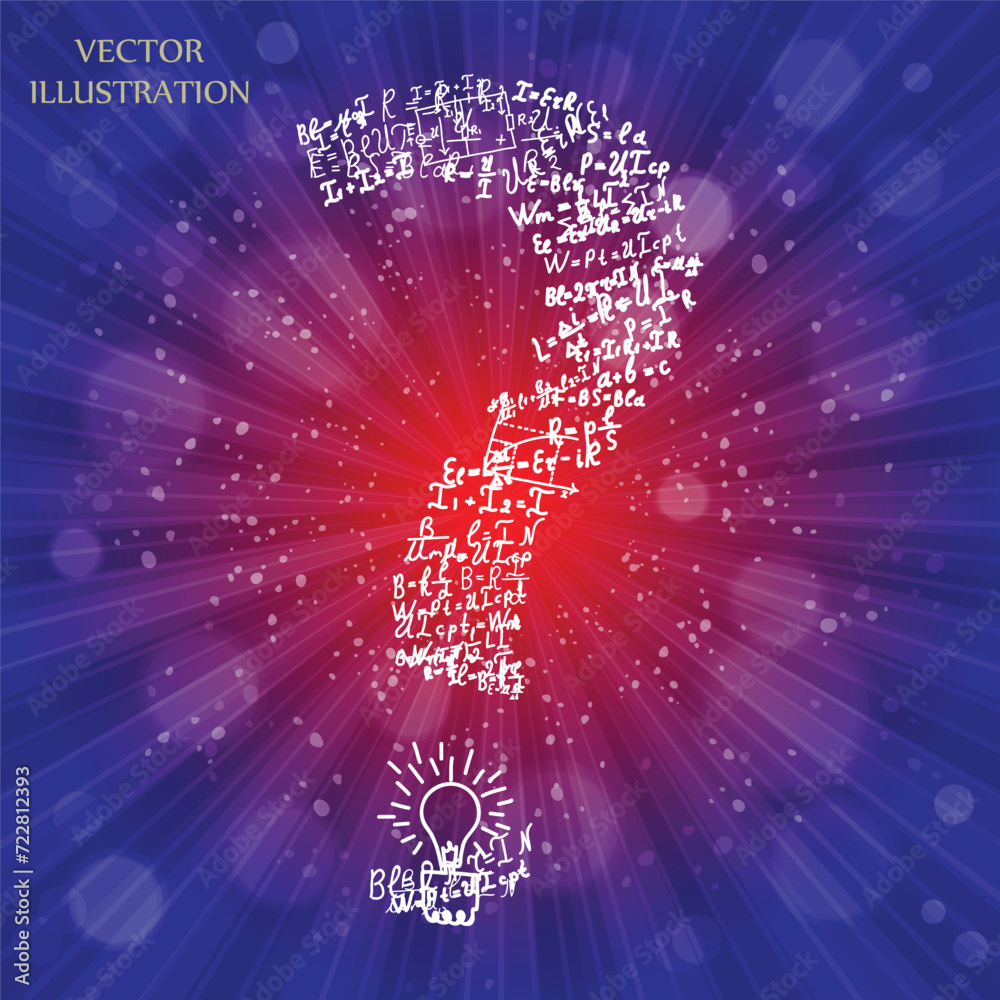 Mathematical equations and formulas in a circle frame. Question mark ...