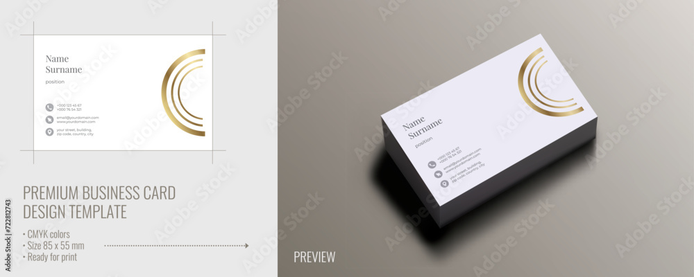 Vector business card design with white background and golden arc ...