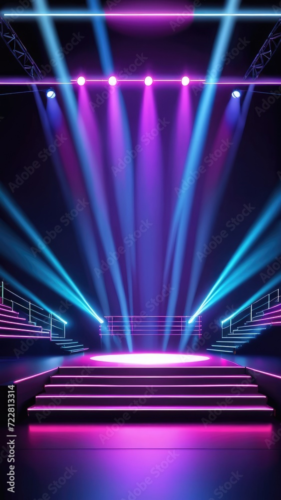 An unoccupied neon stage with radiant spotlights for showcasing neon ...