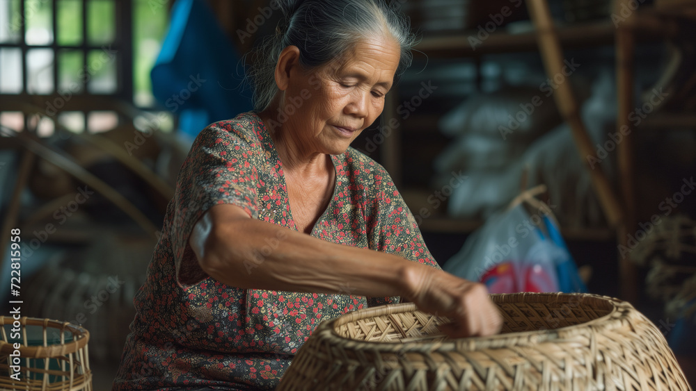 Art of Handcraft: Southeast Asian Woman Skillfully Making a Rattan ...