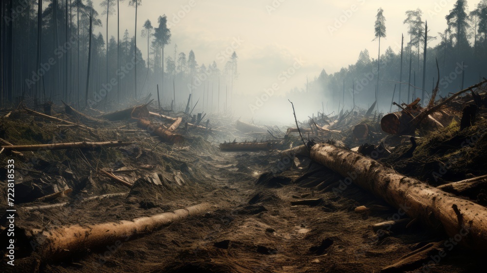 The cut down forest. Deforestation for arable land. felled tree trunks ...