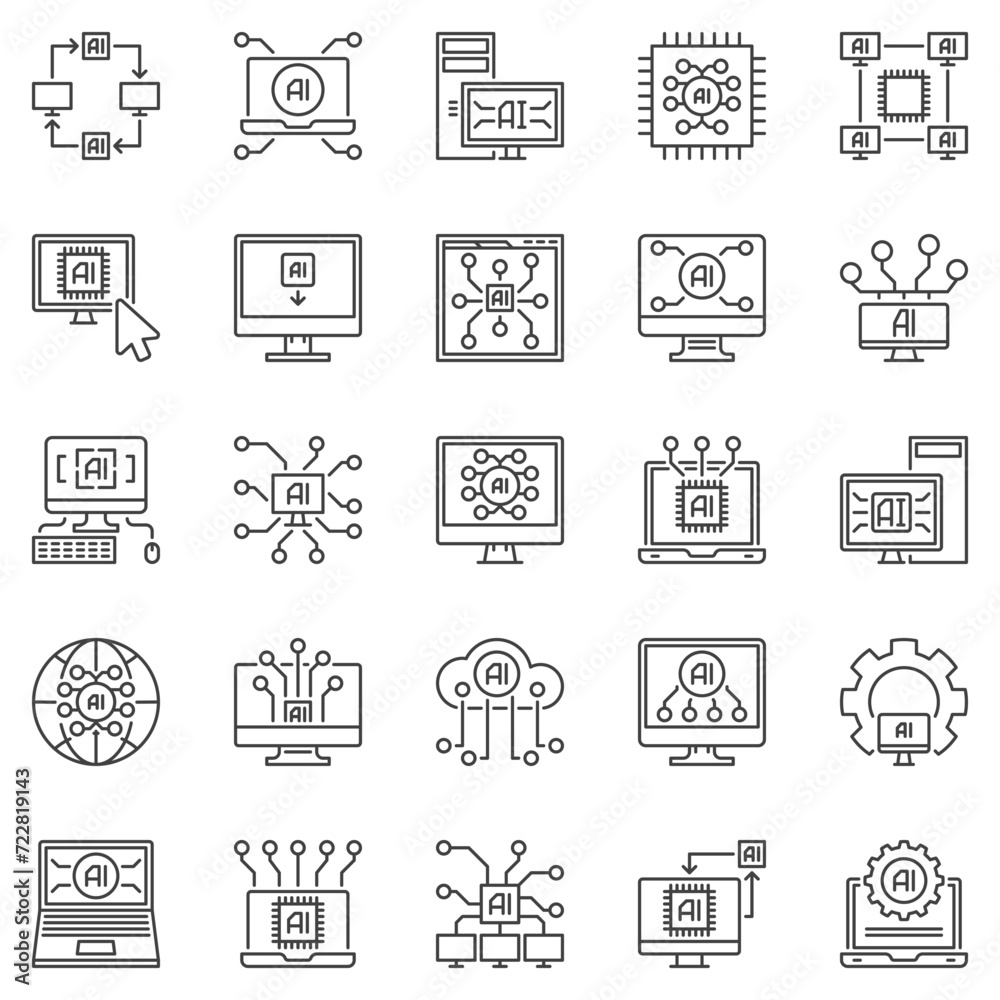 Computer with AI outline icons set - Artificial Intelligence in PC ...