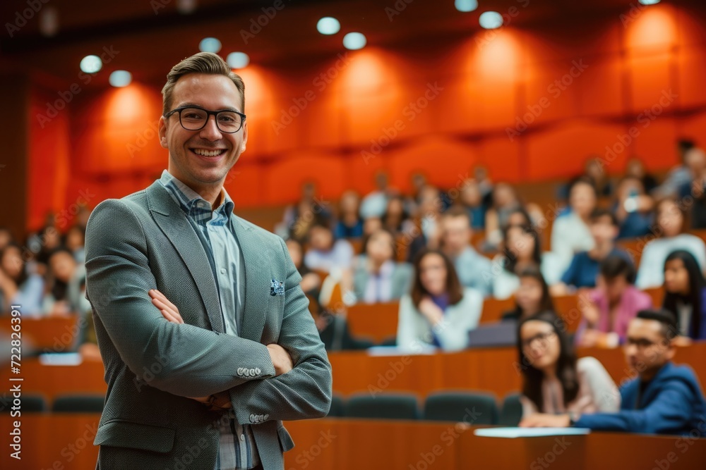 Smiling professor in sharp suit poses joyfully amidst a lecture hall ...