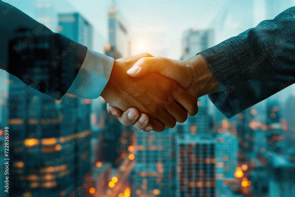 Partnership confirmation. Hands in business attire firmly shake ...