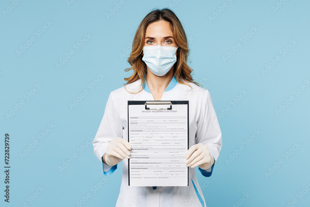 Female doctor woman wear white medical gown suit mask gloves work in ...