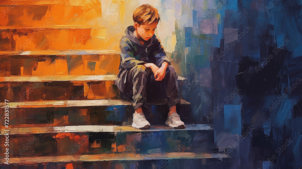 Sad child school boy suffering from depression sitting alone at stairs ...
