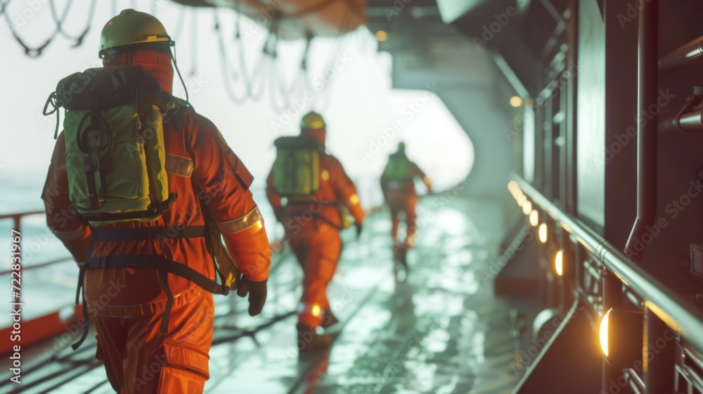 the crew members of a cargo ship donning safety gear and practicing ...