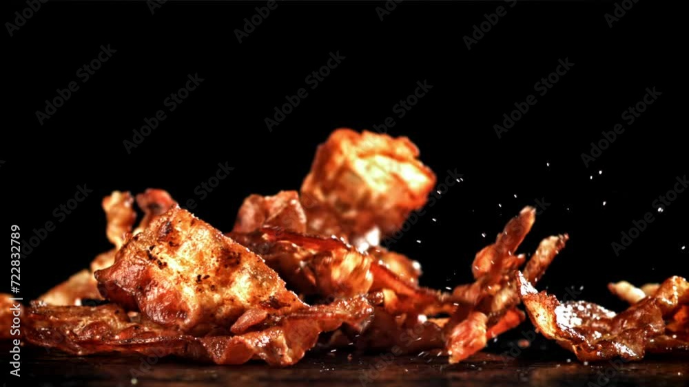 Vidéo Stock Bacon falling on a black background. Filmed on a high-speed ...