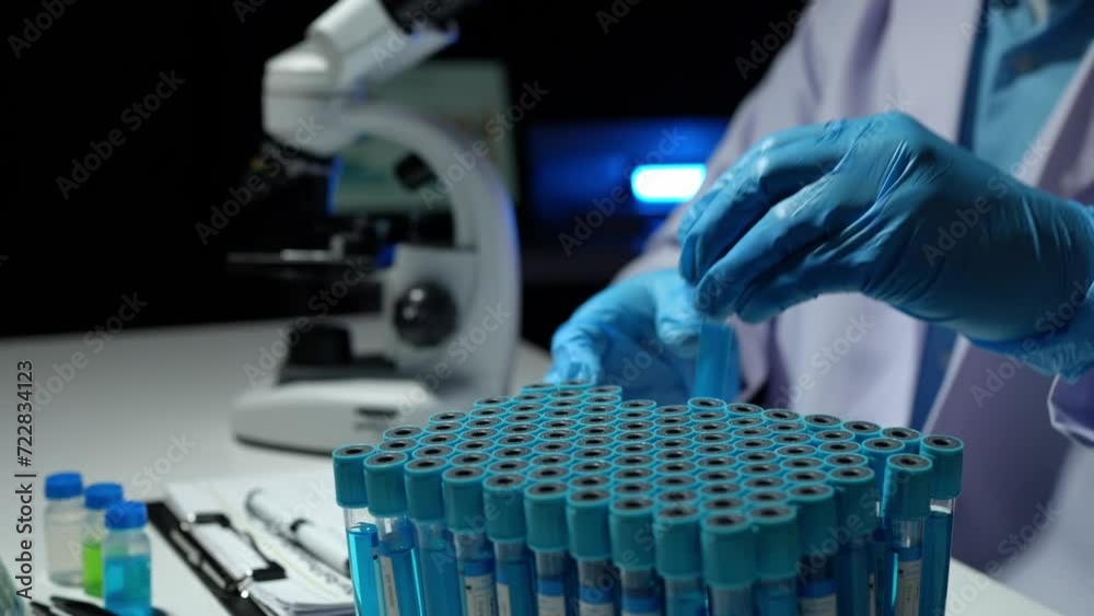 chemical researcher, scientist Functional analysis with blue liquid ...