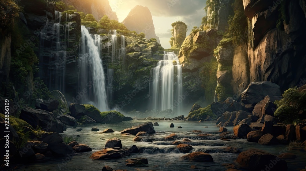Majestic cascade flows down a rugged cliffside. Picturesque waterfall ...