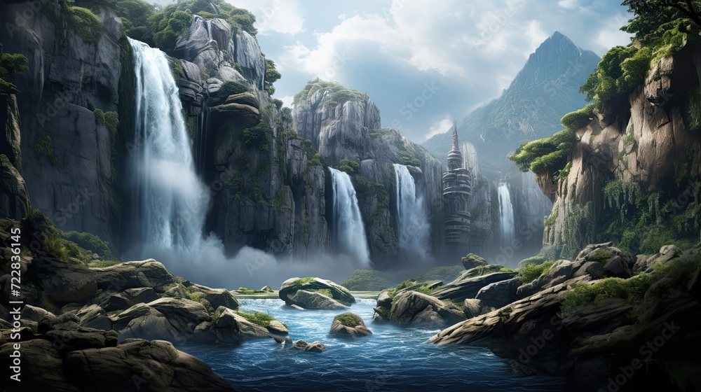 Magnificent waterfall flows down a rocky cliffside. Impressive cascade ...