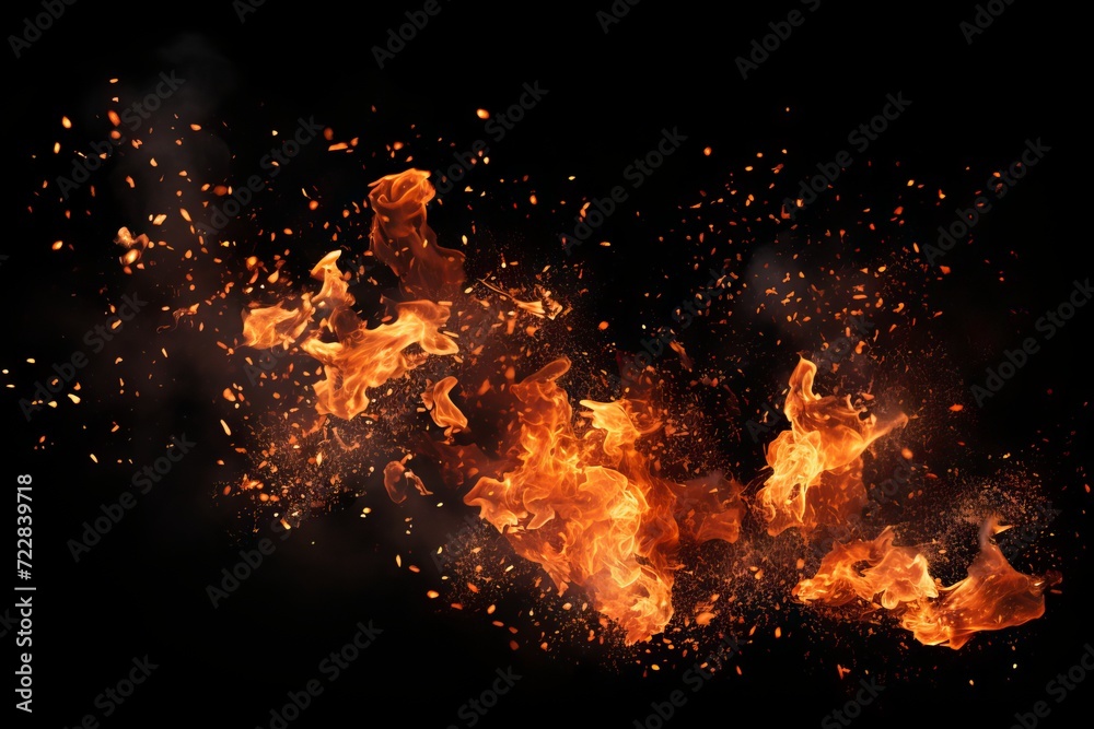 Sparks and embers flying up in the dark sky, creating a dazzling light ...