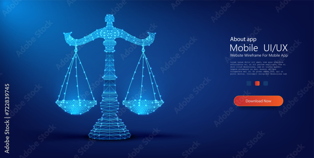 Glowing Scales of Justice in Blue Wireframe on Deep Blue Background ...