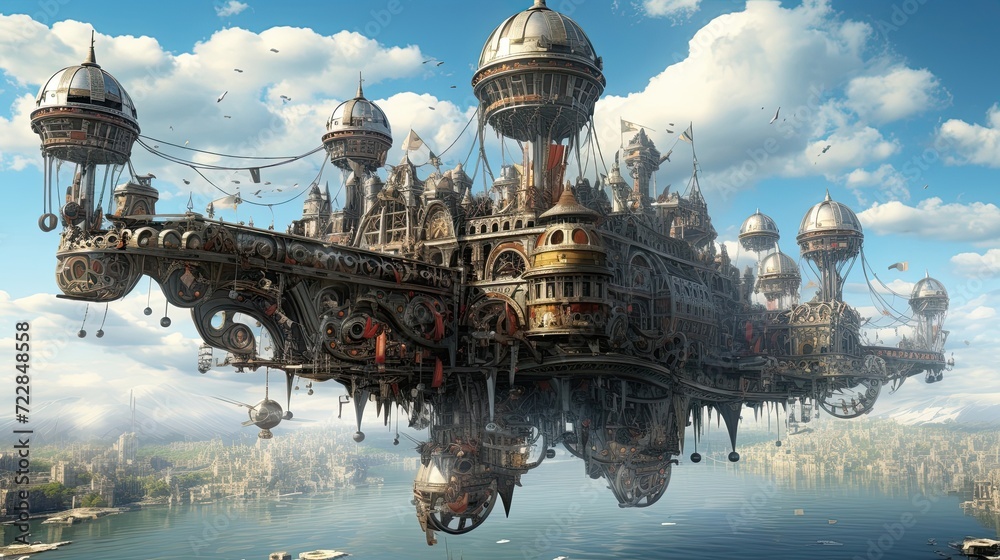 Intricate gears and cogs adorn a fantastical steampunk realm, where ...