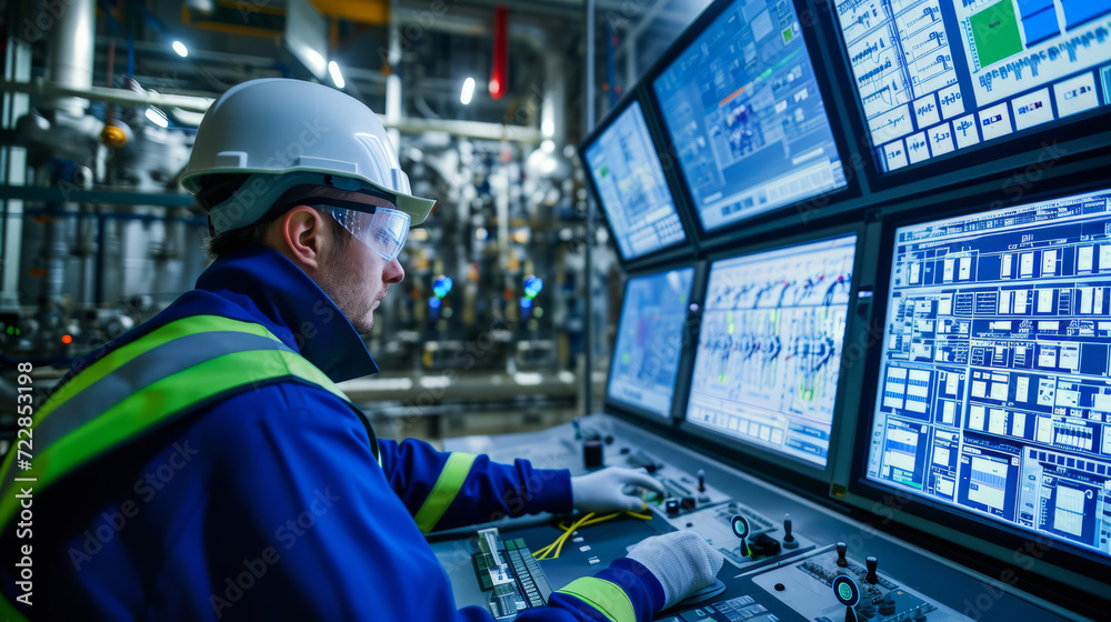 Facility Operator Controls Workshop Production Line, Uses Computer with ...