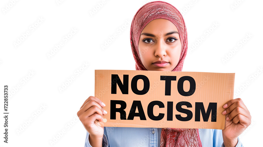 Determined woman in hijab holding a sign 'NO TO RACISM', portraying a ...