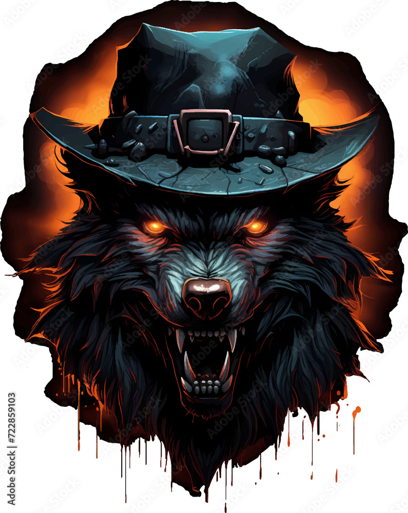 Ferocious wolves wear hats and have burning eyes, transparent ...
