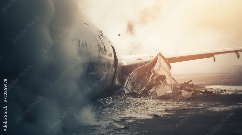 Dramatic illustration of aeroplane accident. Crashed and burnt air ...