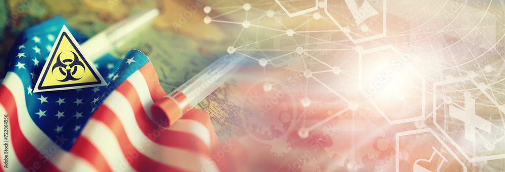 American flag, test tubes and biohazard sign. The concept of American ...