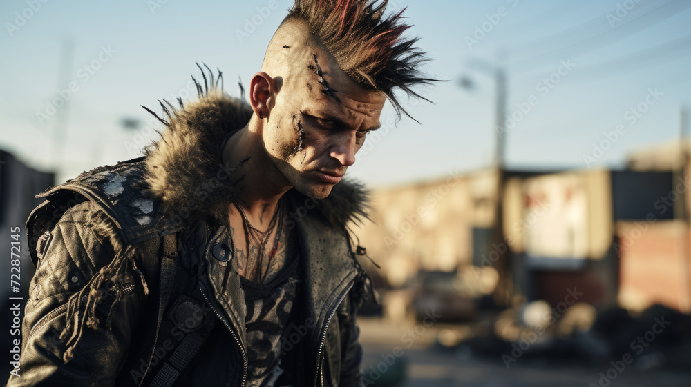 Defiant punk man in dirty leather jacket and mohawk stands on desolate ...