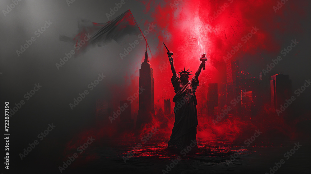 Statue of Liberty holding a red burning flame in her hand in front of ...