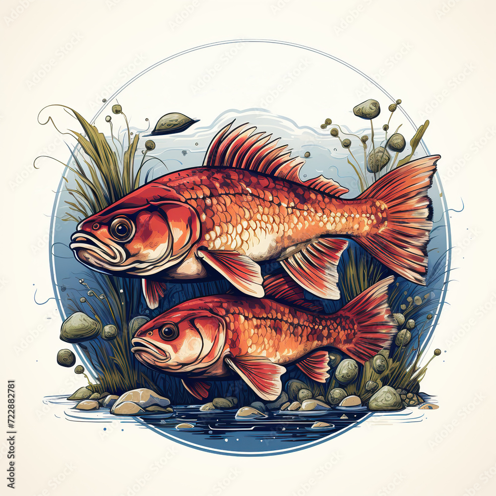 round logo emblem with a fish on white background. Symbol badge for a ...