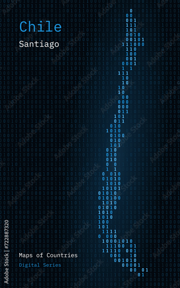 Chile Map Shown in Binary Code Pattern. TSMC. Blue Matrix numbers, zero, one. World Countries ...