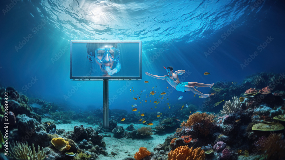 Underwater scene with diver swimming towards billboard featuring ...