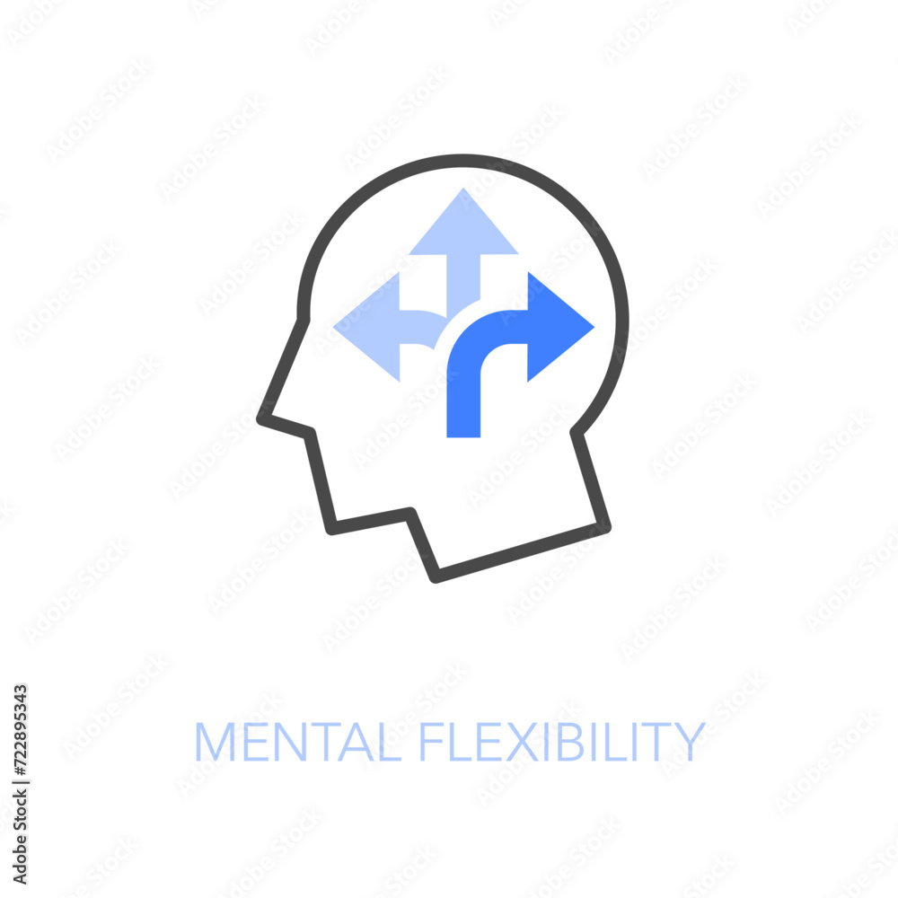 Simple visualised mental flexibility icon symbol with a human head and direction arrows. Stock ...