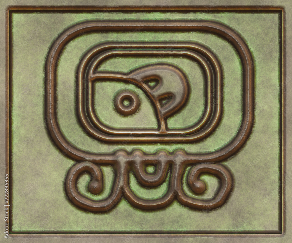 Hieroglyphic writing of the Maya tribe- 3d illustration. Metal ...