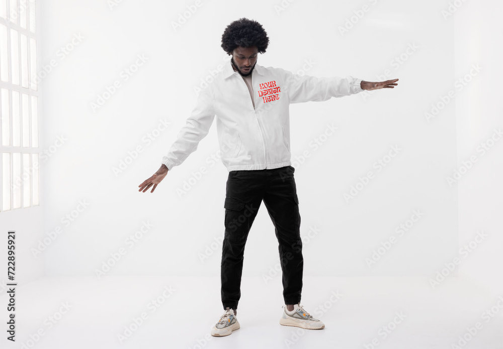 Mockup of man wearing customizable jacket, arms out Stock Template ...