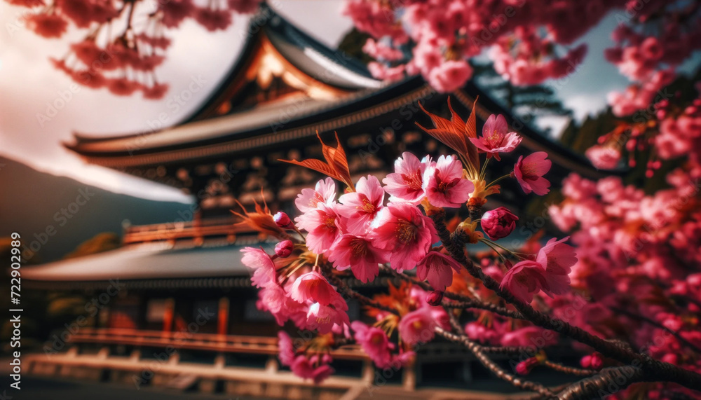 Sakura Cherry Blossoms with Traditional Japanese Temple, Stunning pink ...