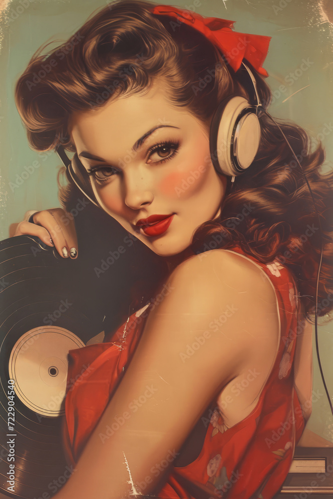 Vintage poster with beautiful pin-up girl, pretty brunette woman ...